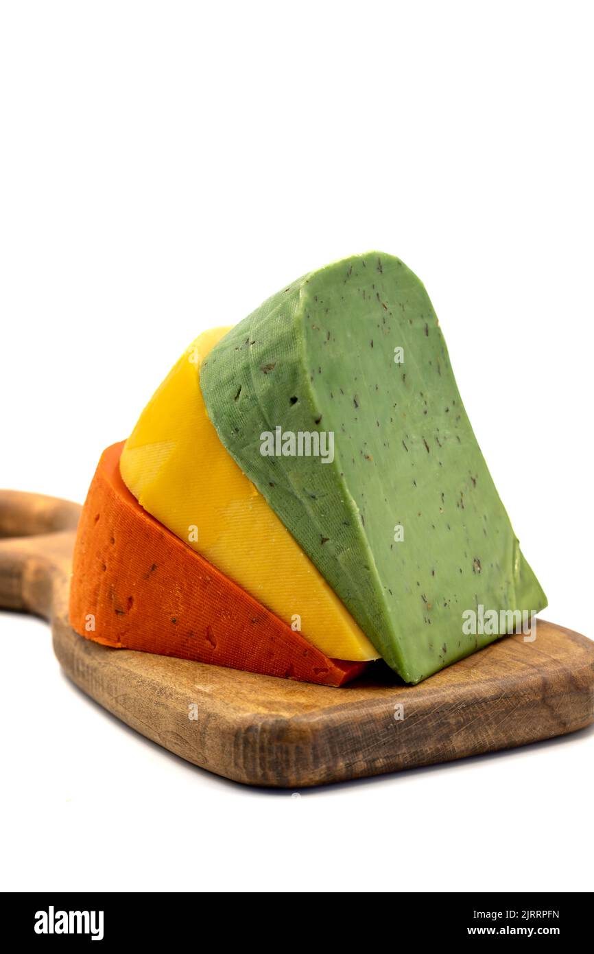 Hard Dutch gouda cheese. Assortment of guoda cheese isolated on a white ...