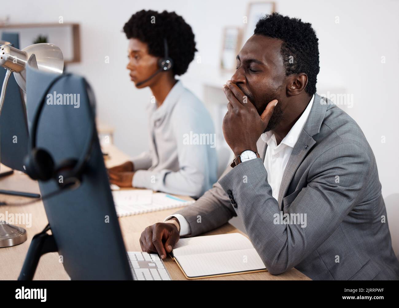 Tired, burnout and exhausted business man, overworked sleepy and ...