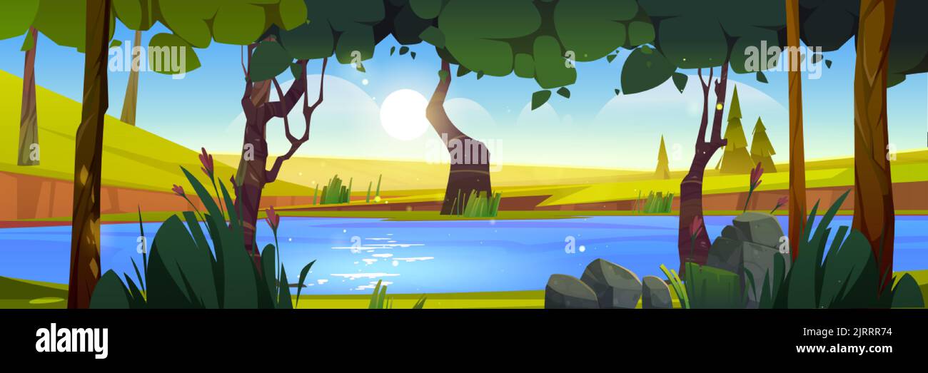 Summer landscape with river in forest and green fields. Vector cartoon ...