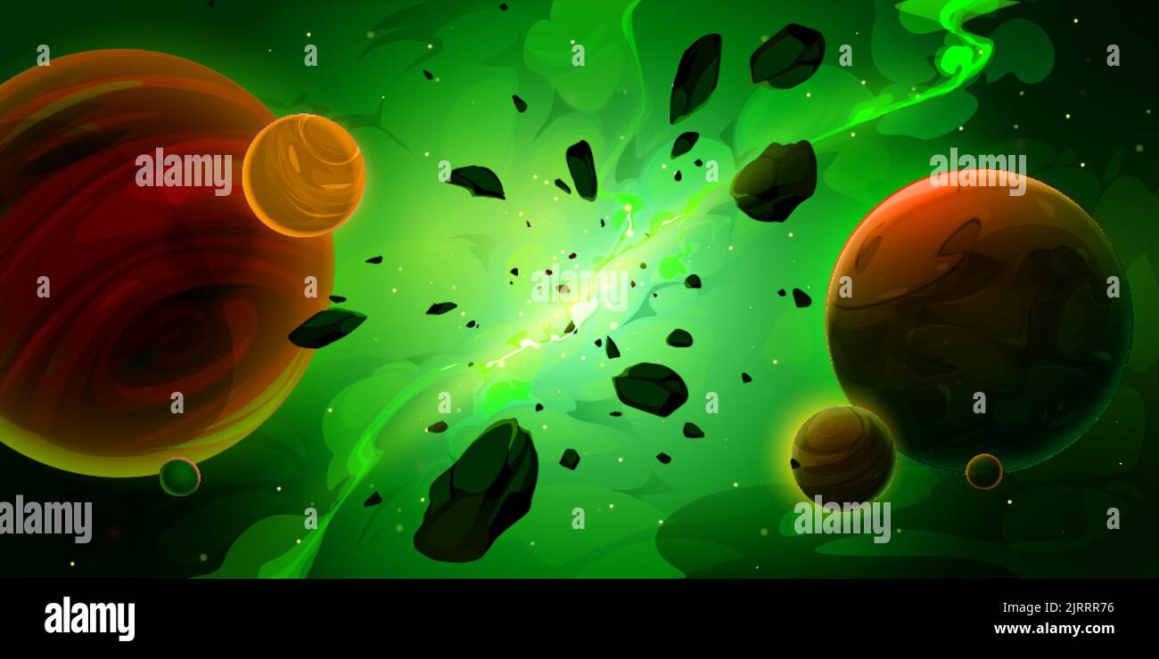 Cartoon green space background with glowing galaxy nebula and flying ...
