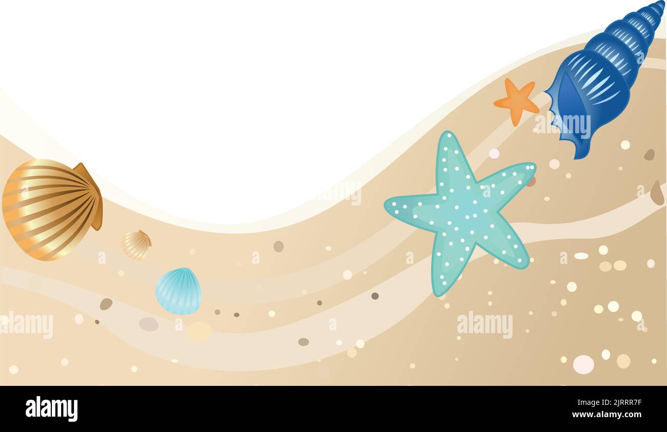 A summer background with sea stars and shells on sandy beach with copy ...