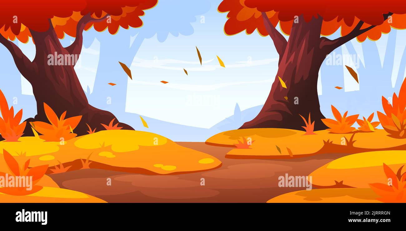 Autumn forest landscape with orange trees and grass, dirt road or sand ...