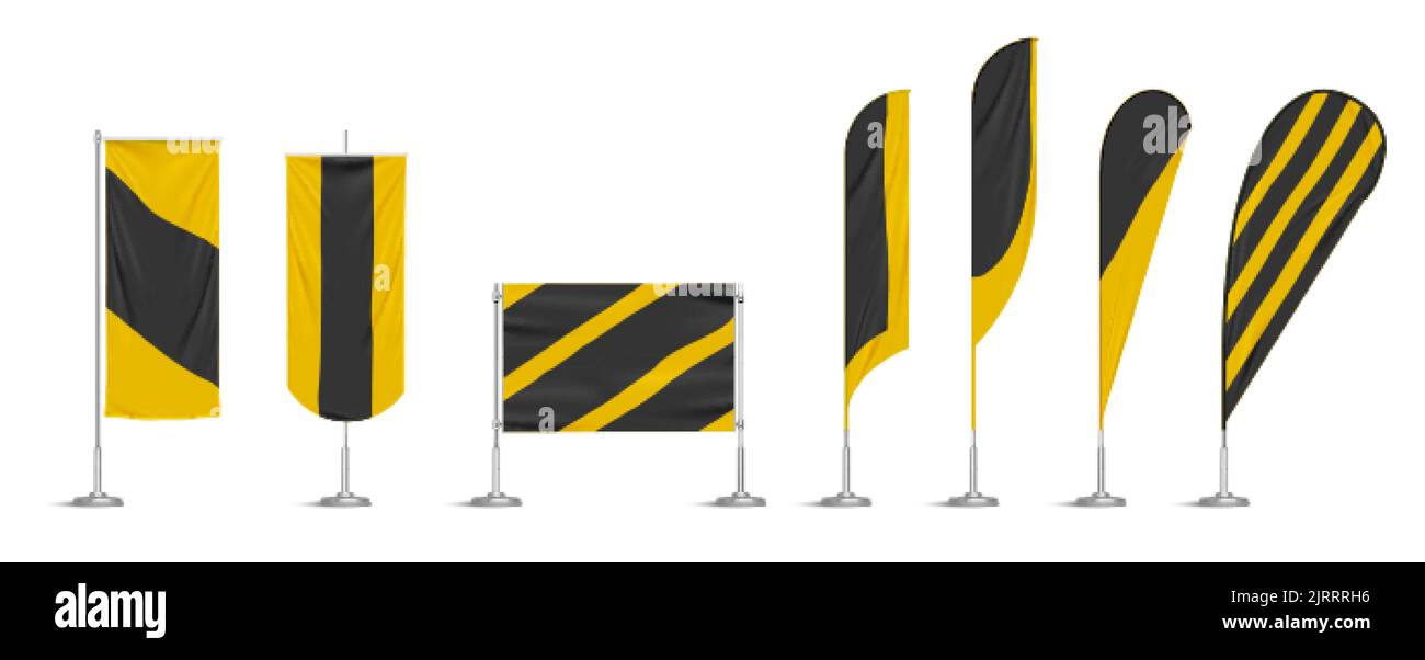 Yellow and black vinyl flags and banners on pole. Vector realistic ...