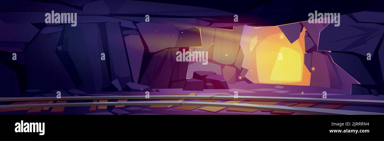 Gold mining rail in mountain treasure cave, cartoon illustration ...