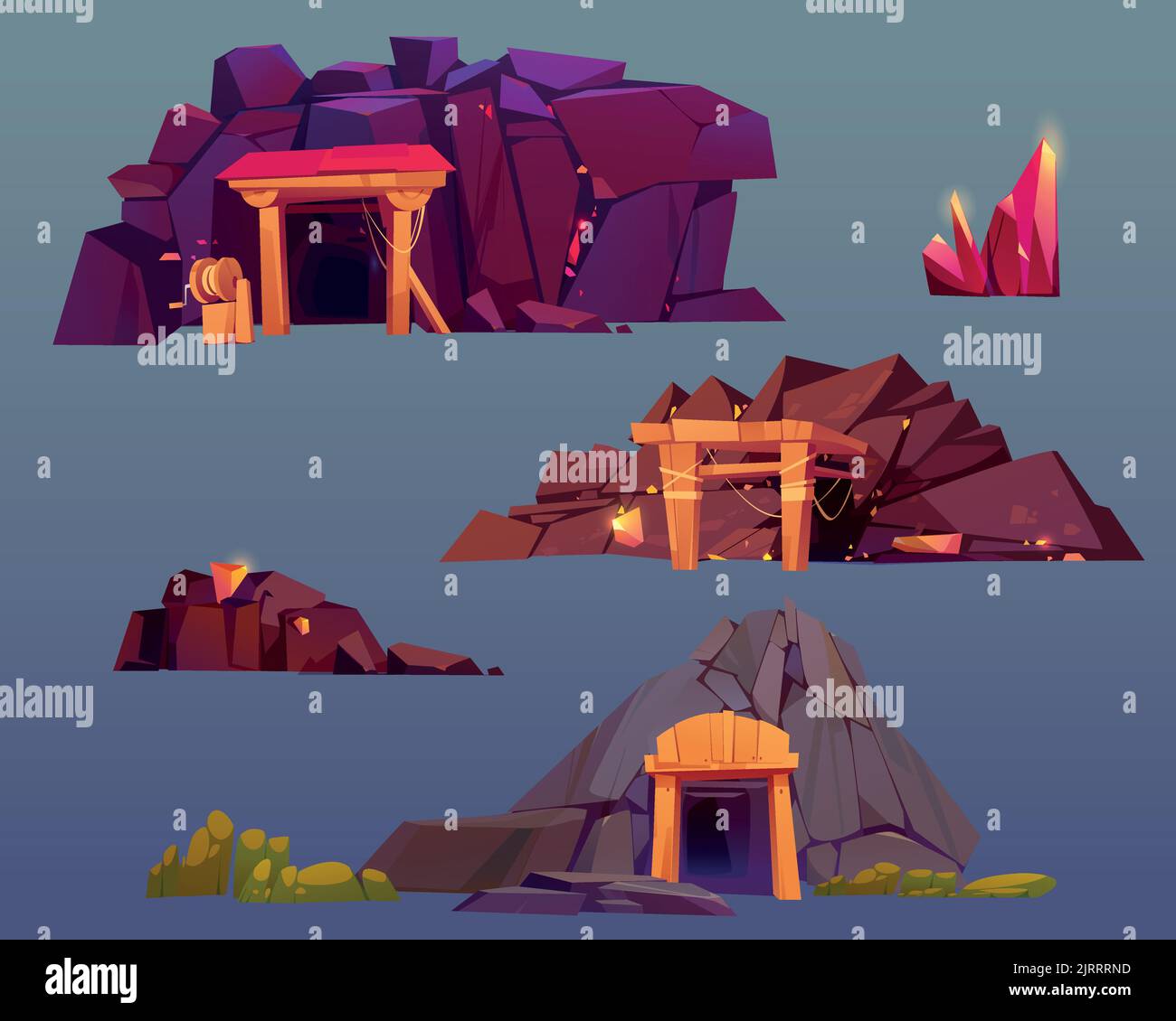 Mine entrances, shafts with deposits of ruby crystals, gold, iron ore ...