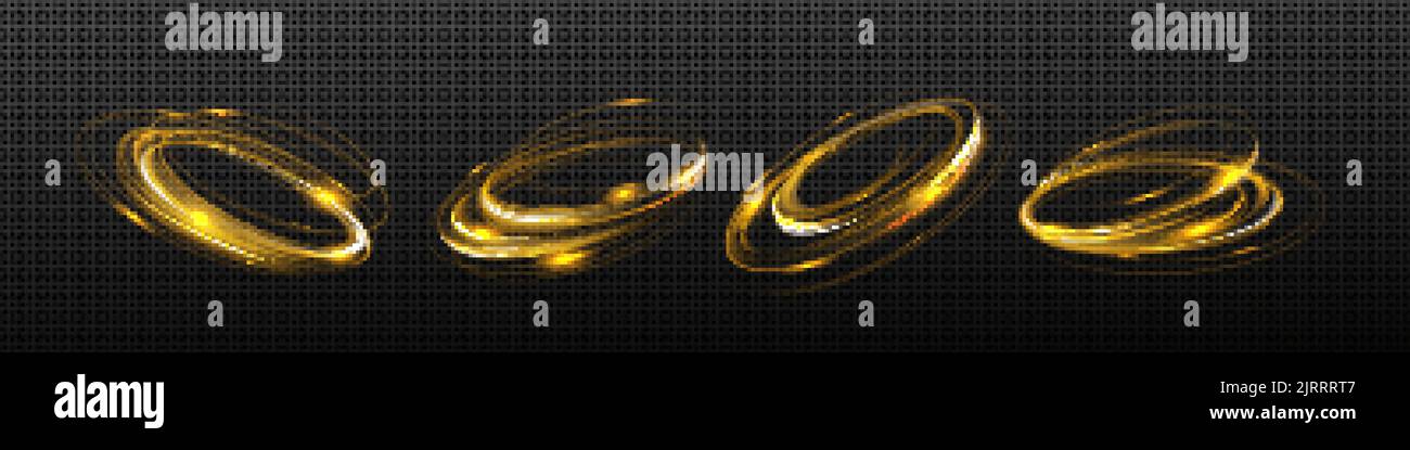 Abstract gold light swirls, circle lines glow effect. Vector realistic set of magic rings, shiny ...
