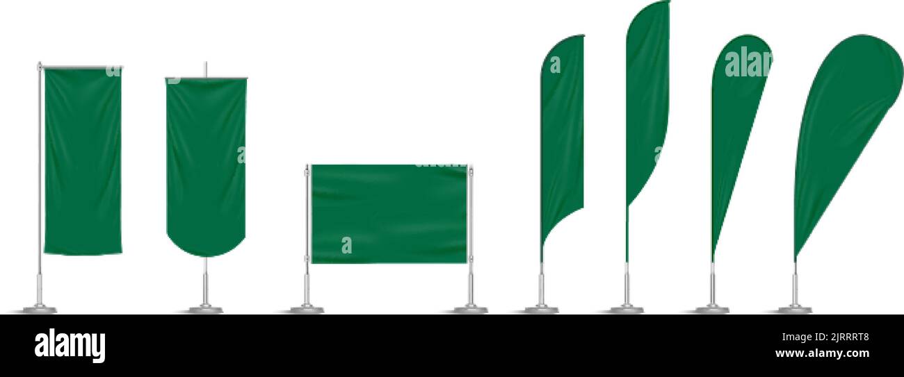 Green vinyl flags and set banners on metallic pole. Vector realistic ...