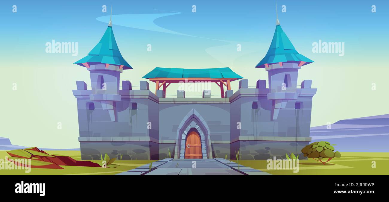 Medieval castle with gates, stone brick walls and blue roof. Summer ...