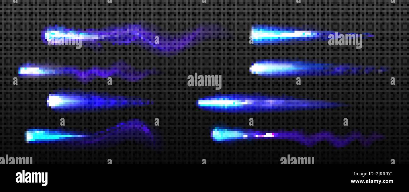 Blue fire trails of flying jet or rocket. Vector realistic set of ...