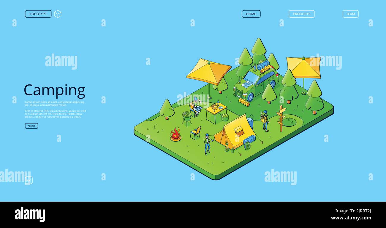 Camping isometric landing page, summer camp with people, car, campfire ...