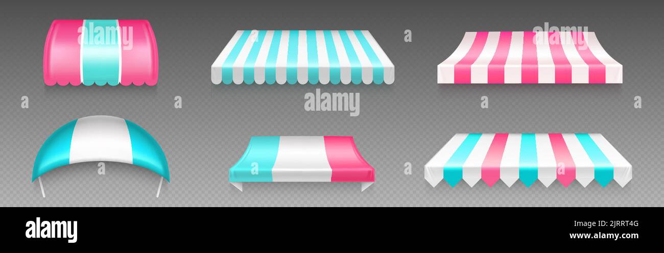 Shop, cafe or market canopy, awning with white, blue and pink stripes ...