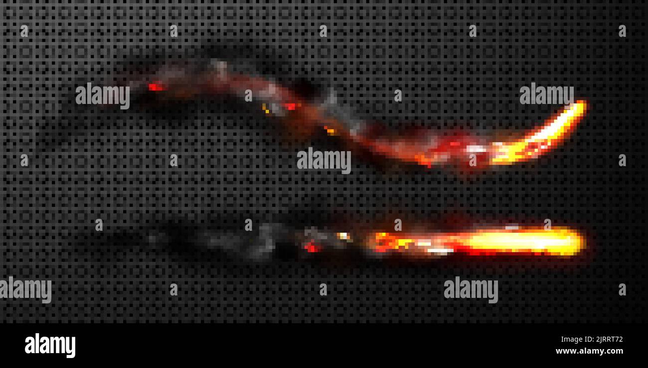 Missile effect, rocket fire trails with black smoke, spacecraft startup ...