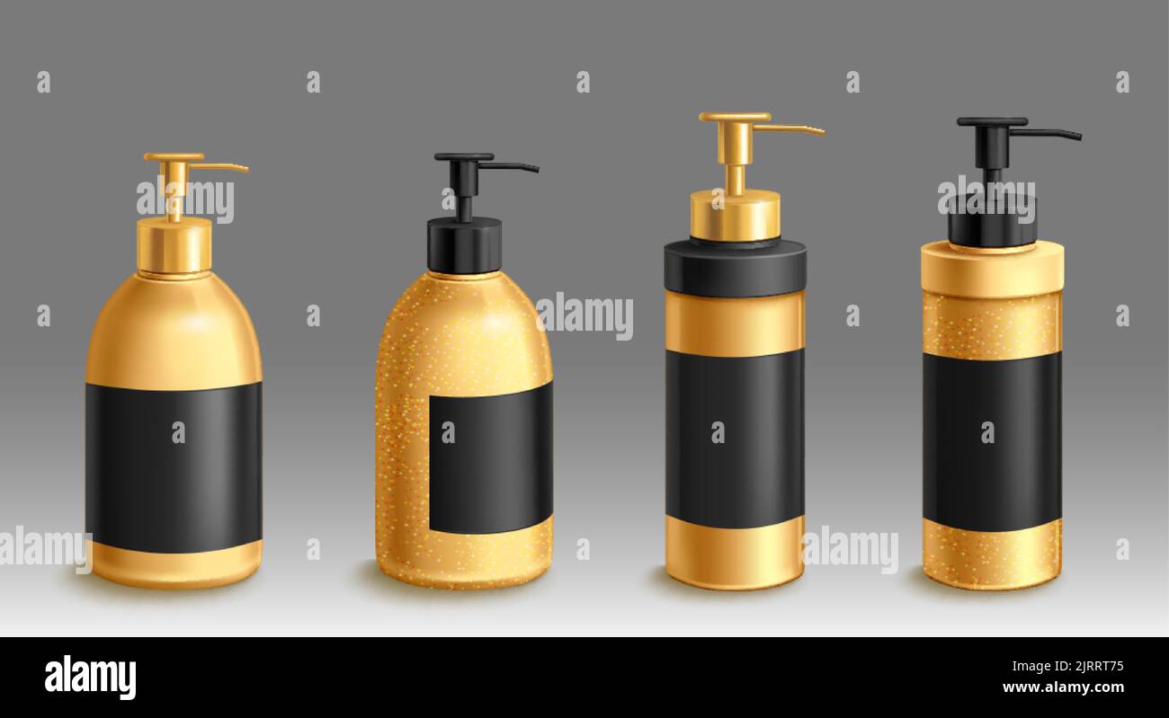 Cosmetic bottles mockup, black and gold colored plastic tubes with ...