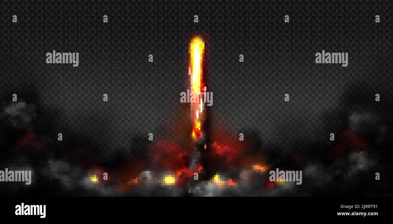 Missile effect, rocket launch fire trail with black smoke, spacecraft ...