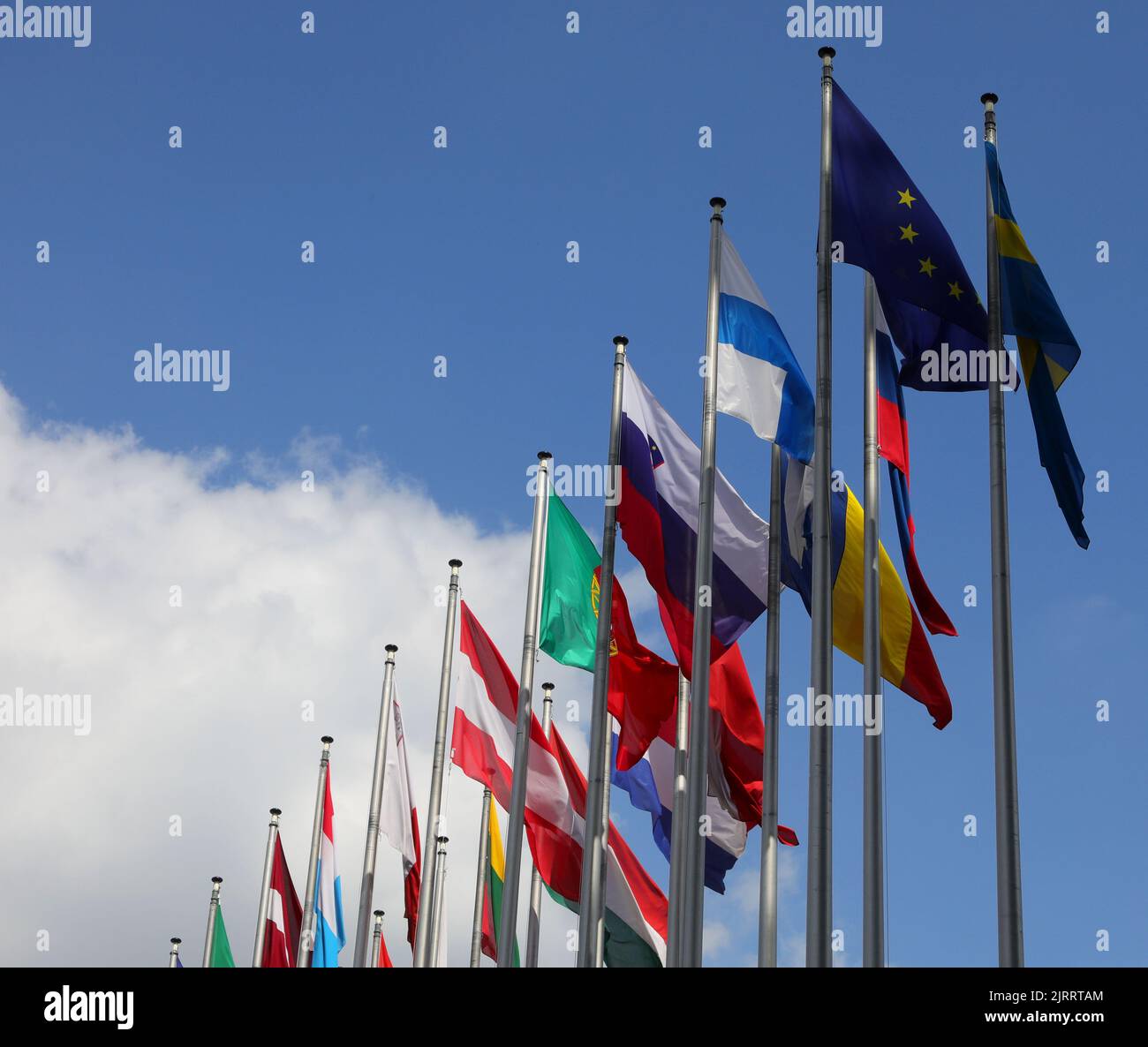 flag of Europe and other flags on the background with blue sky and ...