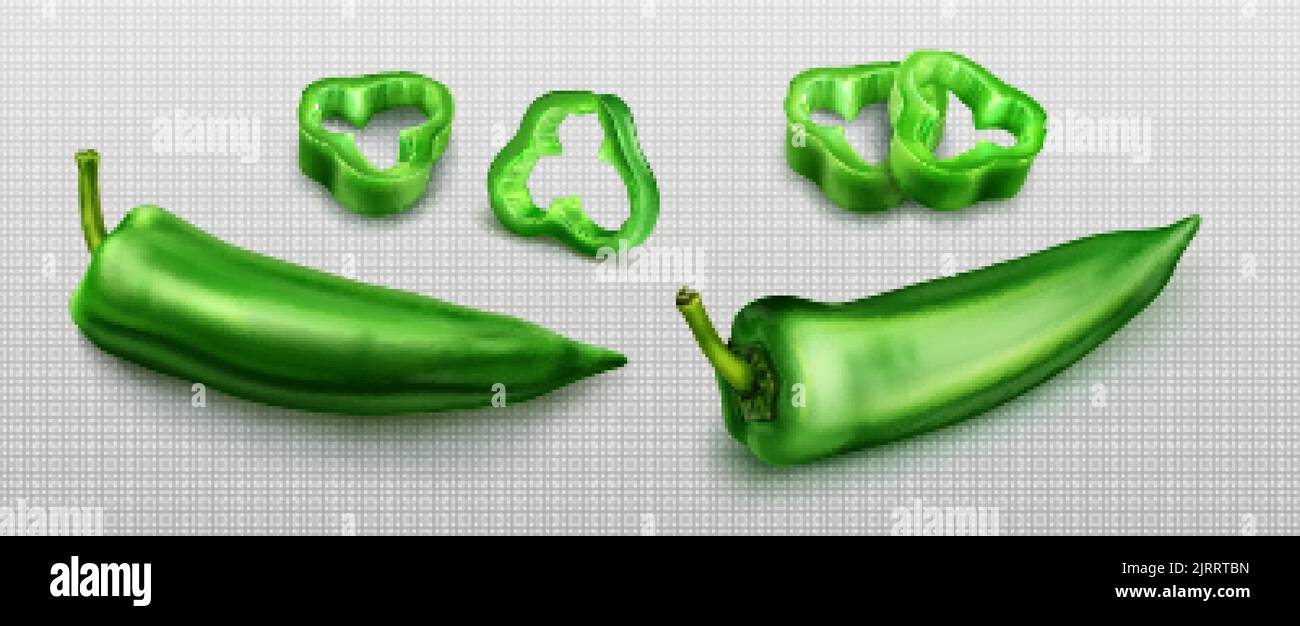 Green hot chili pepper, cayenne with slices, vector 3d illustration ...