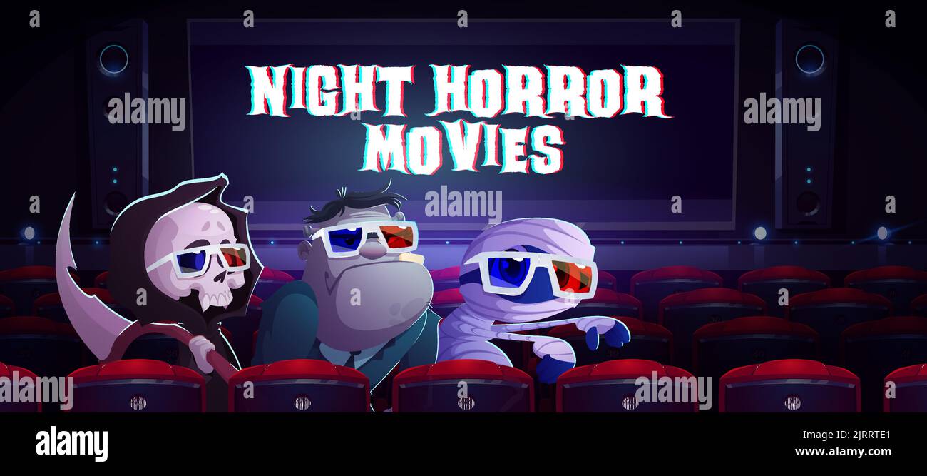 Night horror movies cartoon banner with funny monsters sitting in ...