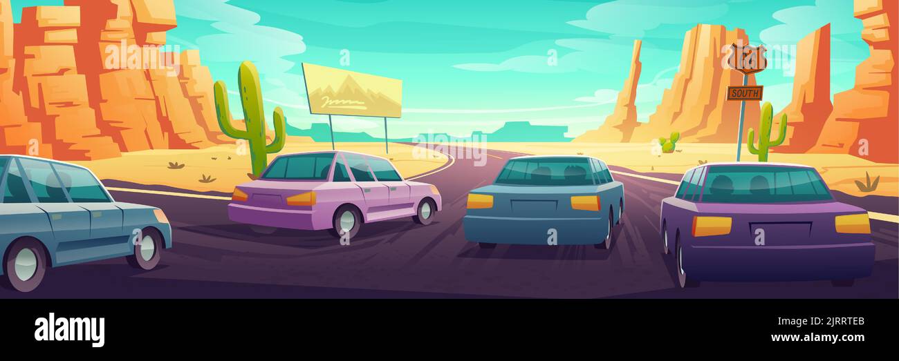 Desert landscape with cars drive on highway. Vector cartoon ...