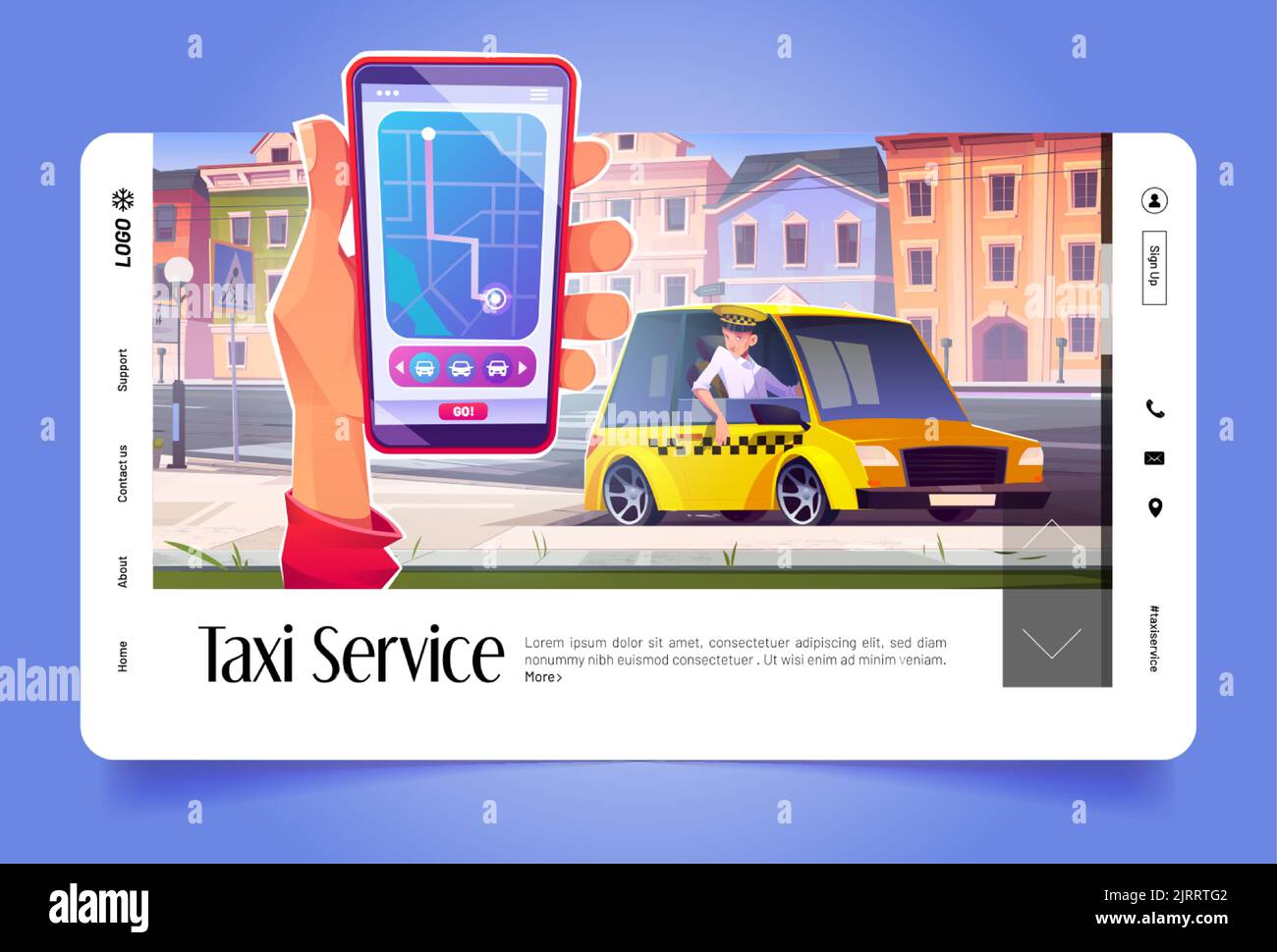 Taxi service cartoon landing page, driver sitting in car with open ...