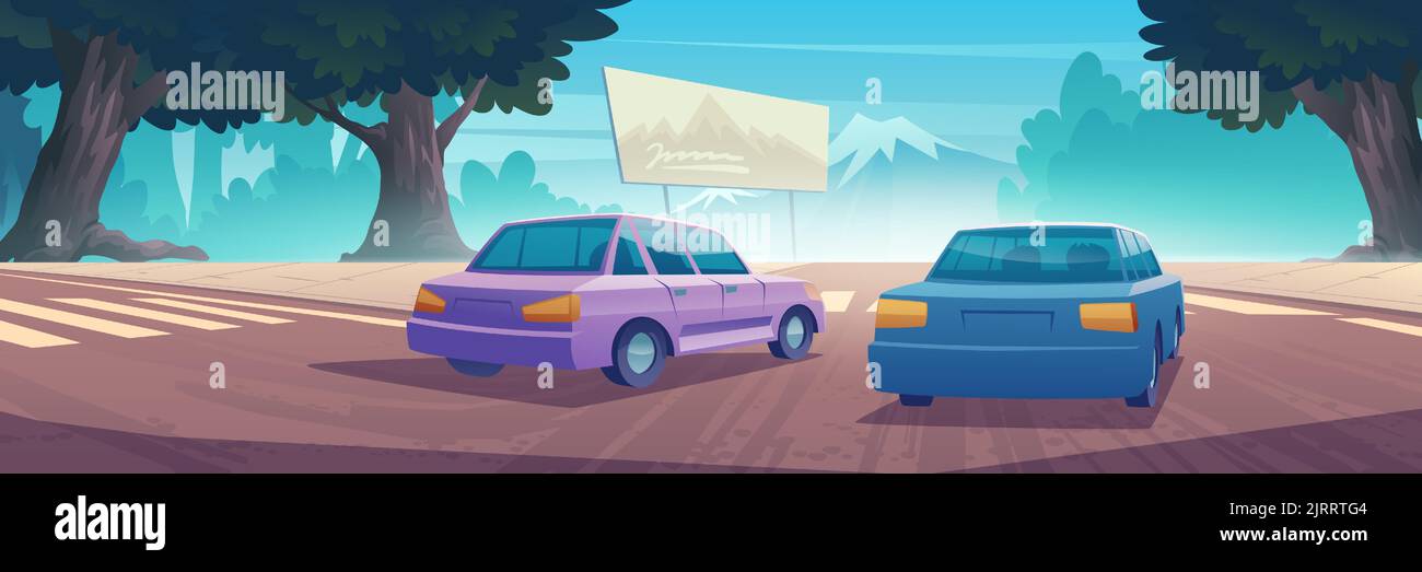 Cars driving at highway rear view, automobiles riding along asphalted ...