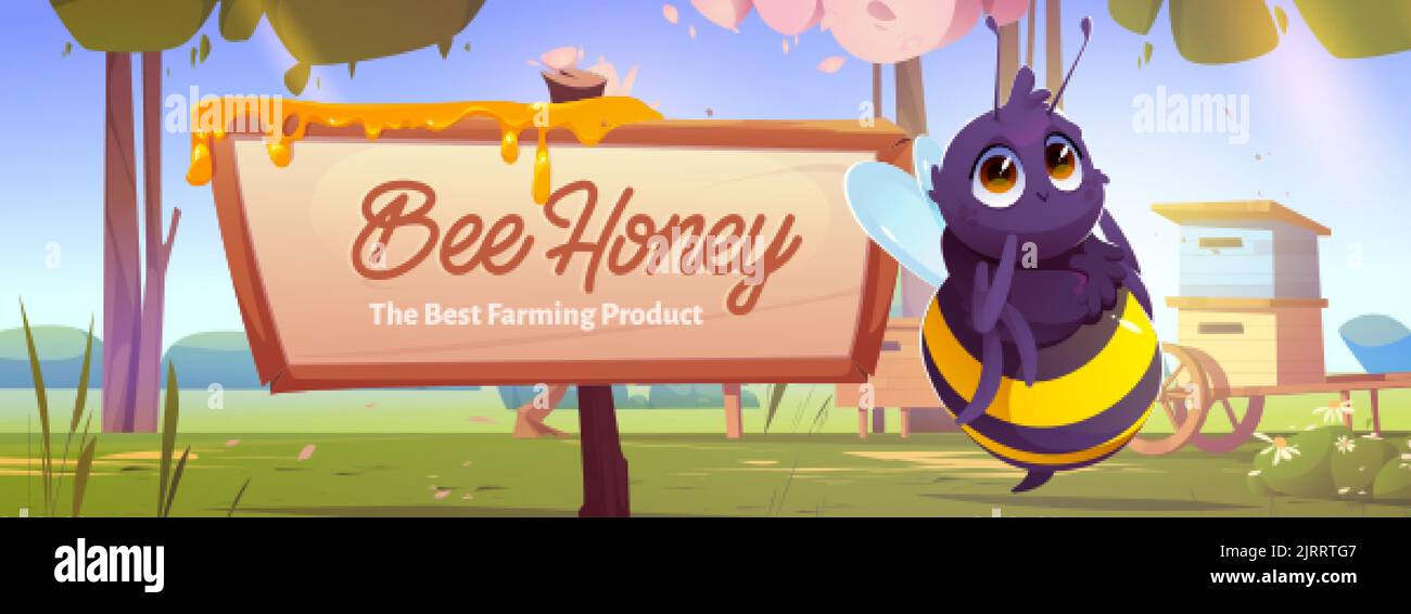 Banner with cute bee near wooden signboard with dripping honey on ...