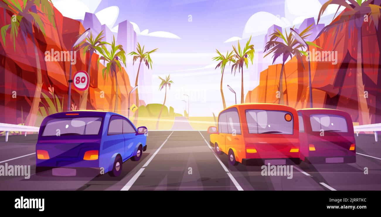 Cars drive on highway with four lanes, lamps and road signs. Vector ...