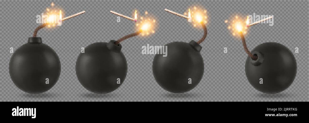 Black bombs with burning fuse and matches with fire, explosive dynamite ...