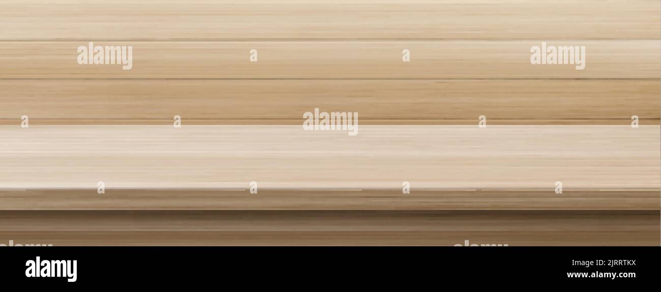 Kitchen wooden table top on background of plank wall. Empty bar counter ...