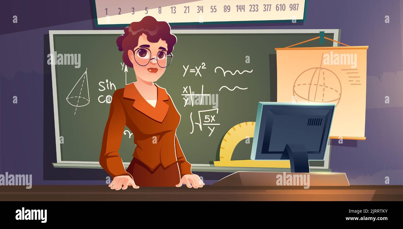 School Teacher Stand In Classroom At Blackboard With Algebra Formula