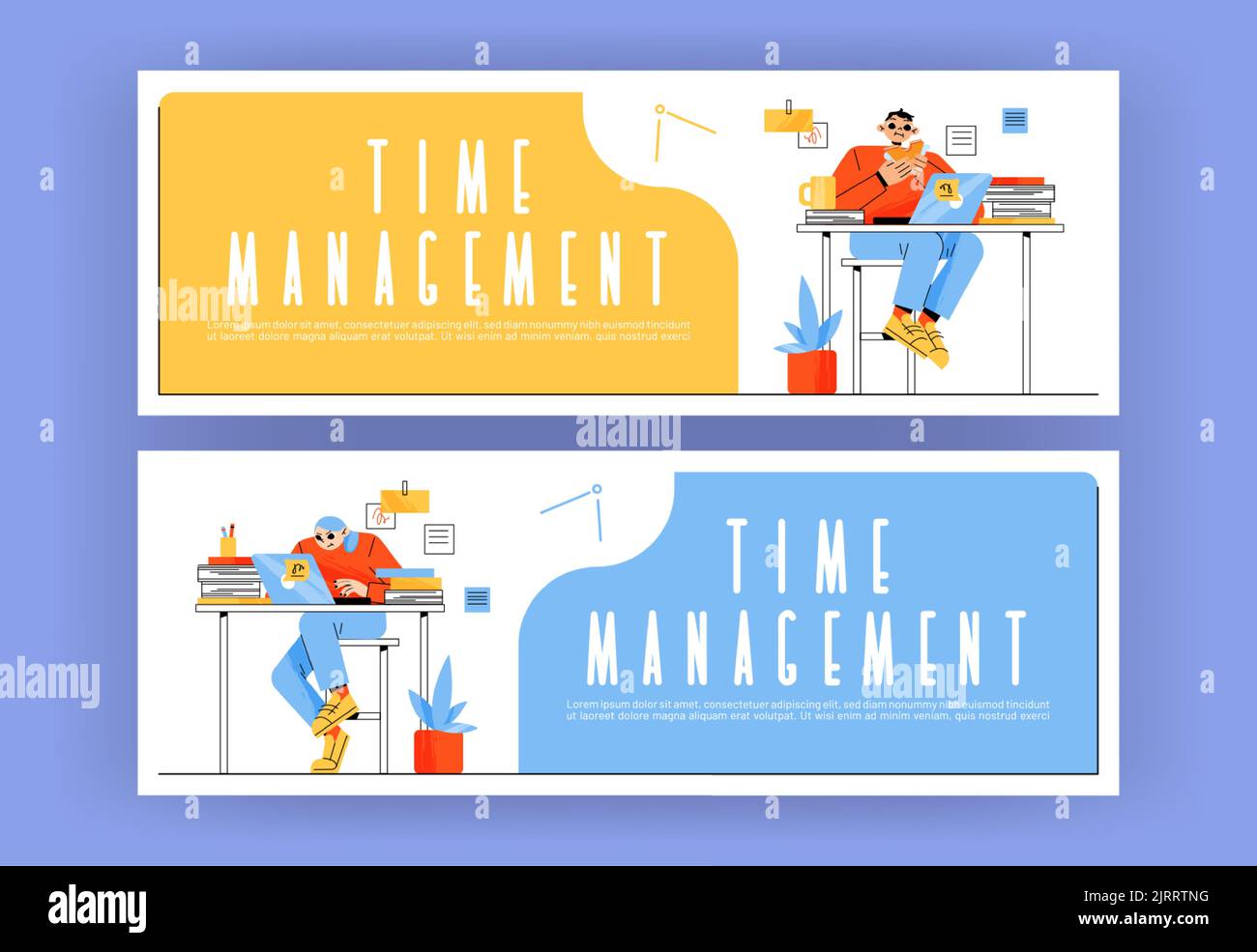 Time management banners with people working in office or home workplace ...