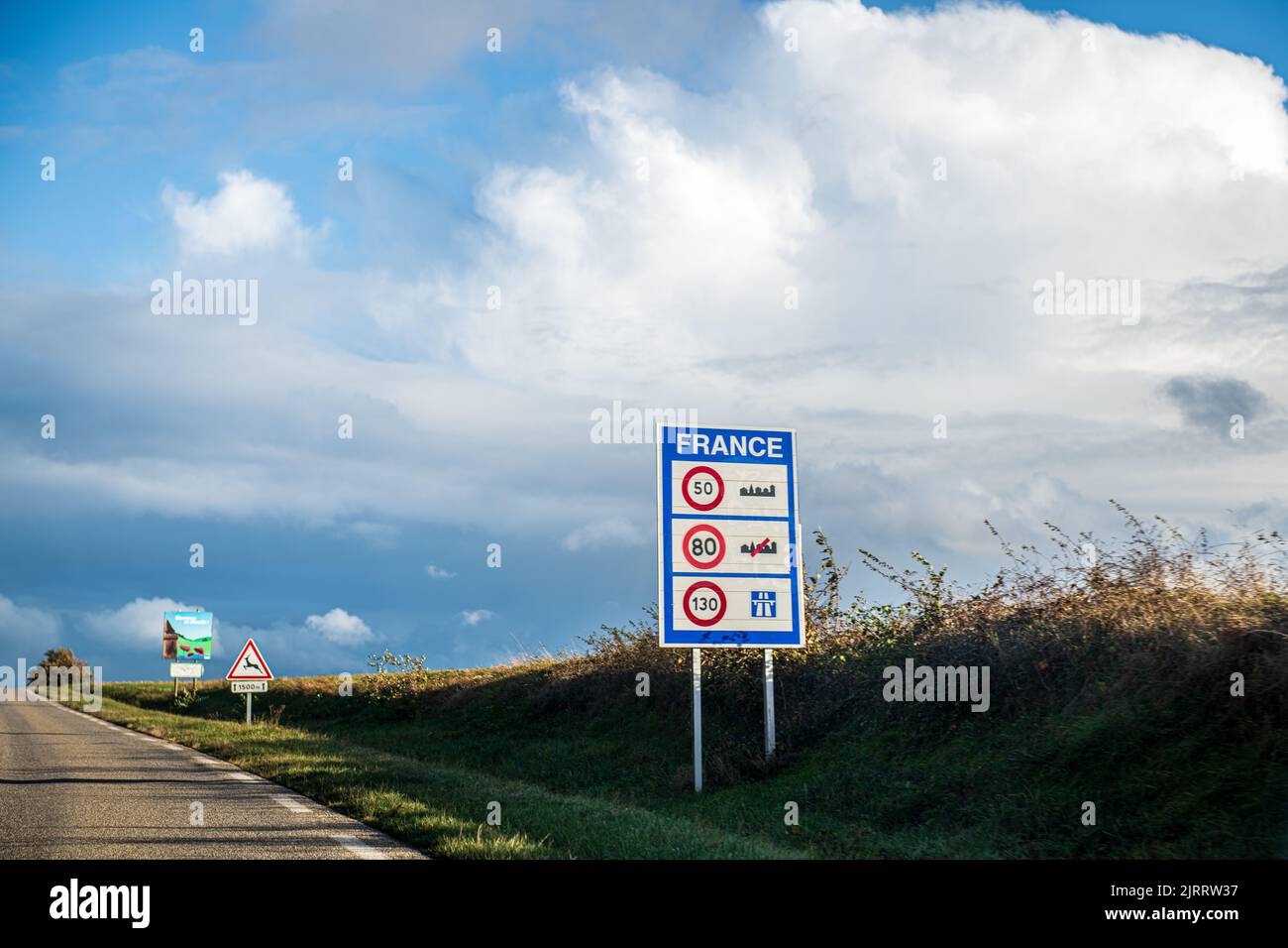 Sign indicating the speeds at the French border Stock Photo - Alamy