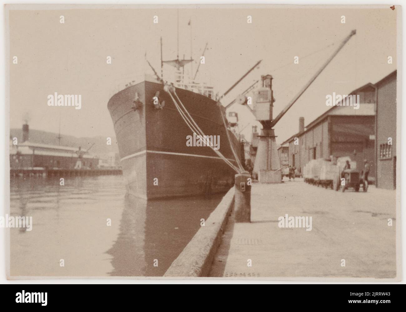 [Battleship in harbour], 1920s to 1930s, New Zealand, by Roland Searle ...