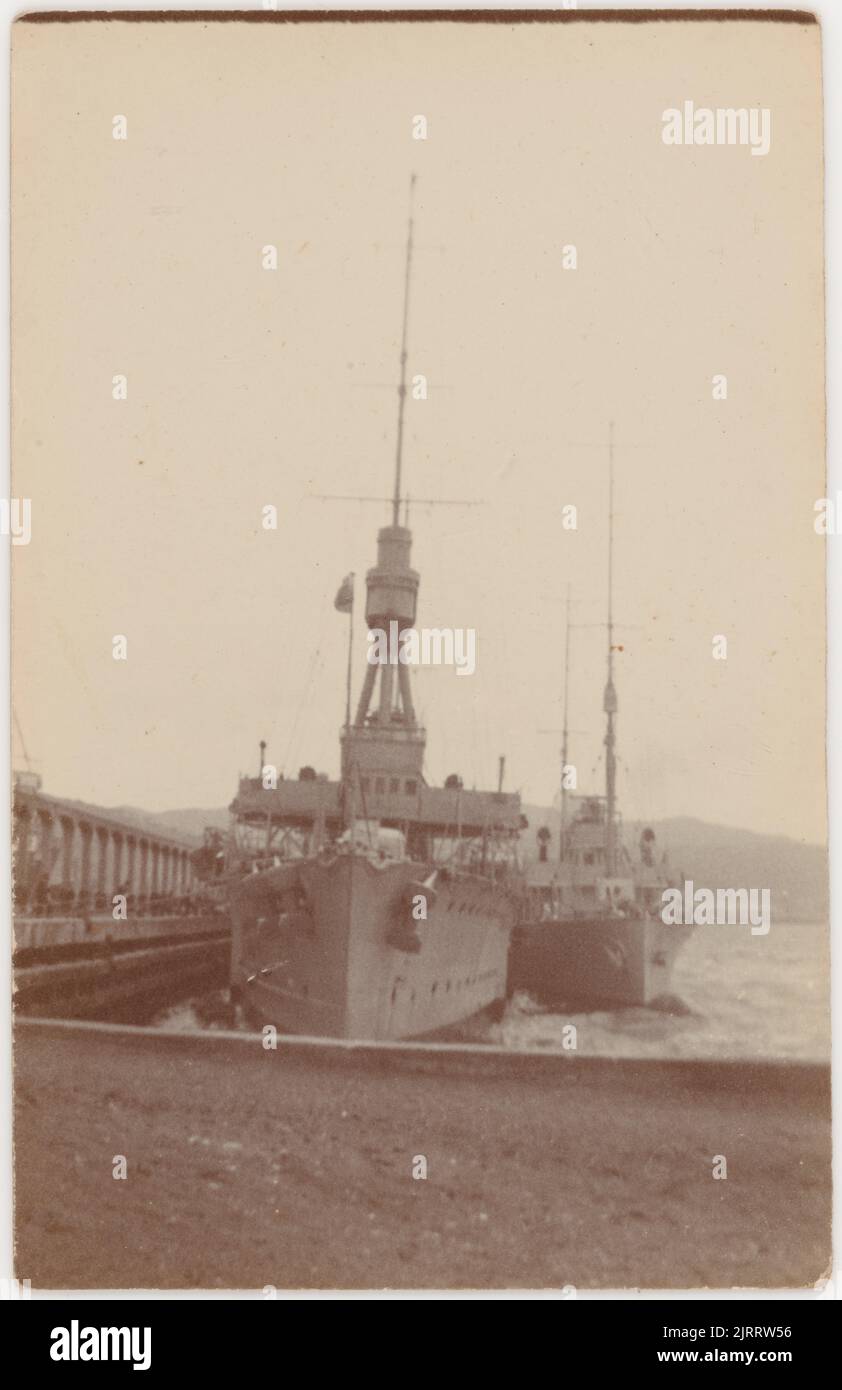 [Battleship in port]., 1920s to 1930s, New Zealand, by Roland Searle ...