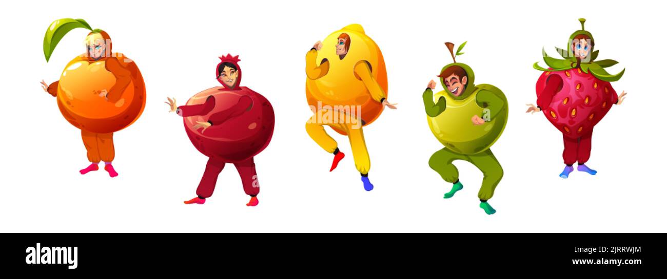 People wear fruit costumes, isolated orange, pomegranate, lemon, apple ...