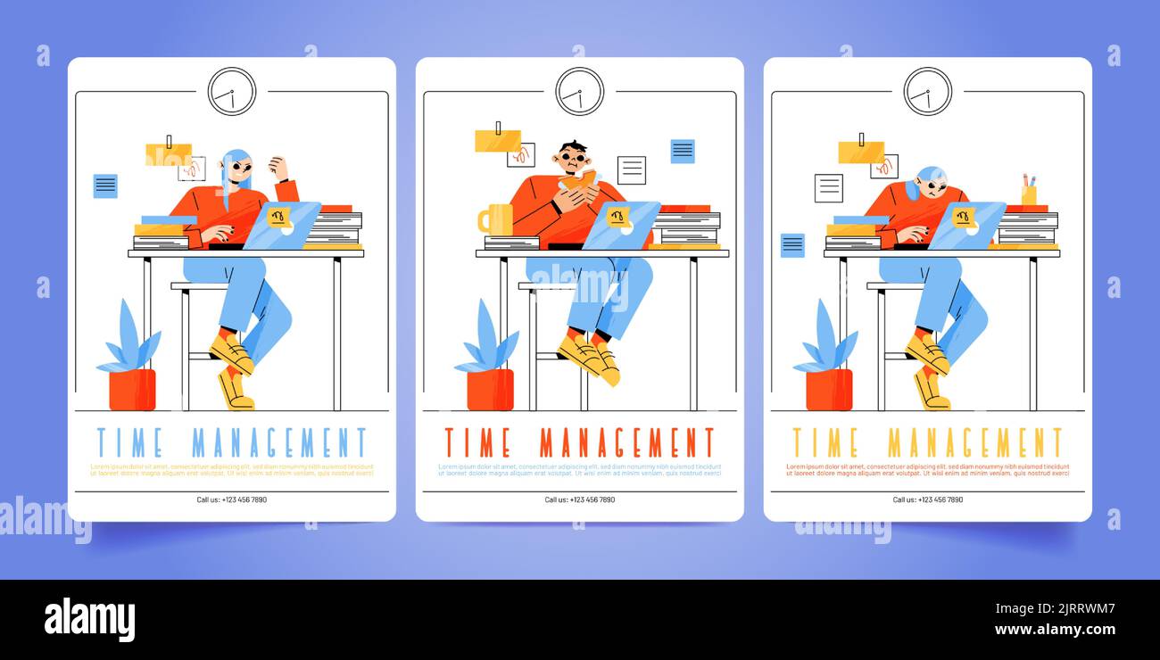 Time management posters with people working in office or home workplace ...