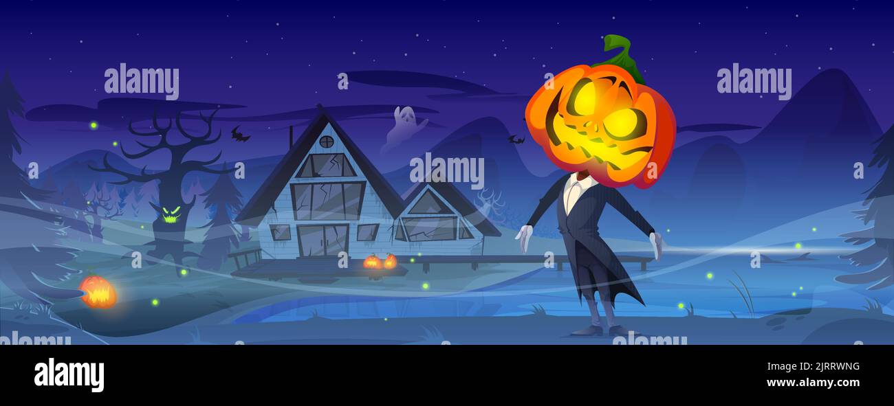 Creepy jack-o-lantern cartoon character standing near haunted house ...