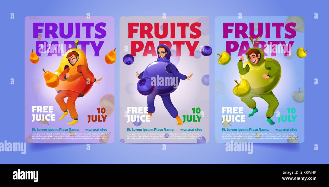 Fruits party cartoon banners or invitation flyers. Funny people wear ...