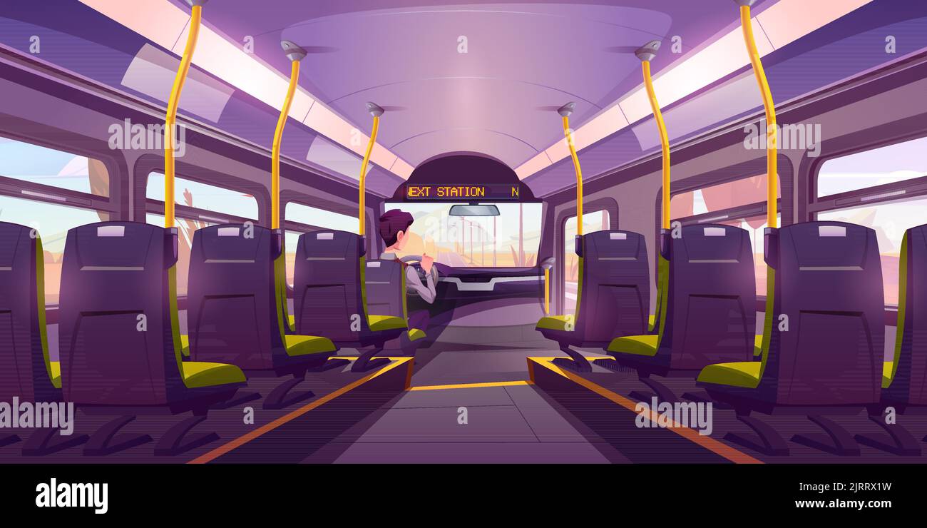 School bus with driver, empty public transport interior. City vehicle ...