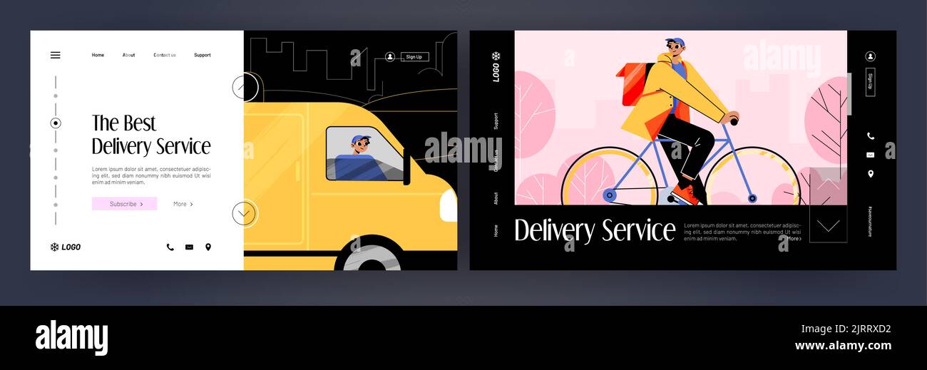 The best delivery service cartoon landing pages. Postman or courier on ...