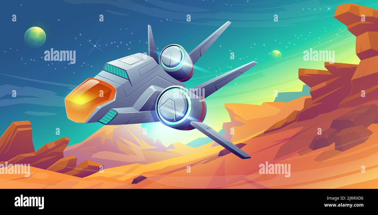 Spaceship take off from alien planet, space shuttle flying over ...