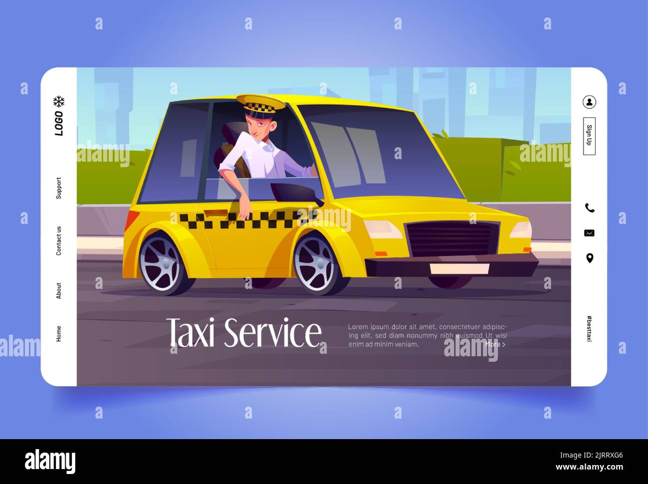 Taxi service cartoon landing page, driver sitting in car with open ...