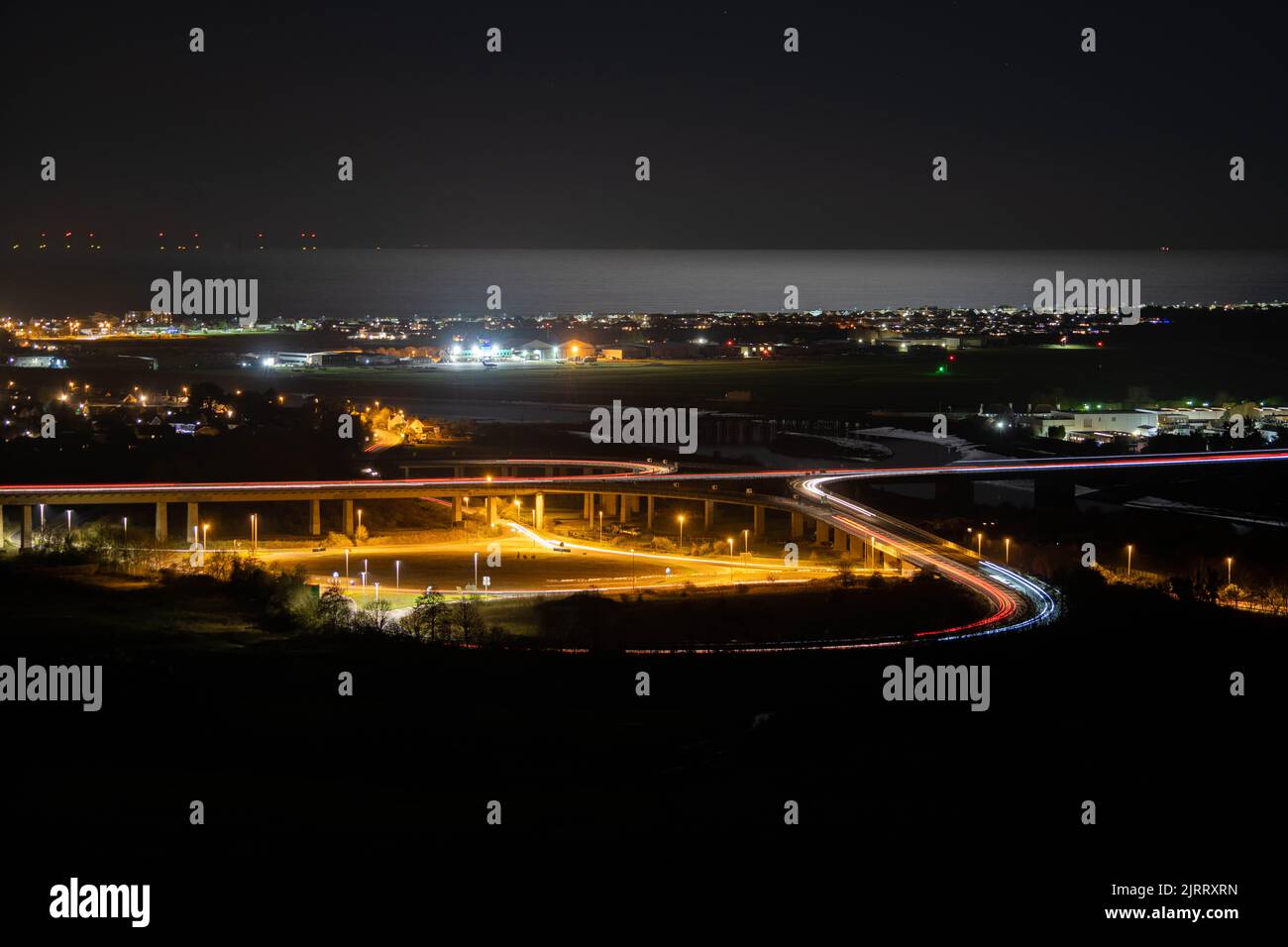 Light Trails with with cars, Shoreham Airport and coast in the mid ...