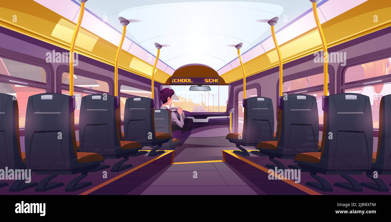 Cartoon school bus interior with driver inside. Empty seats in ...