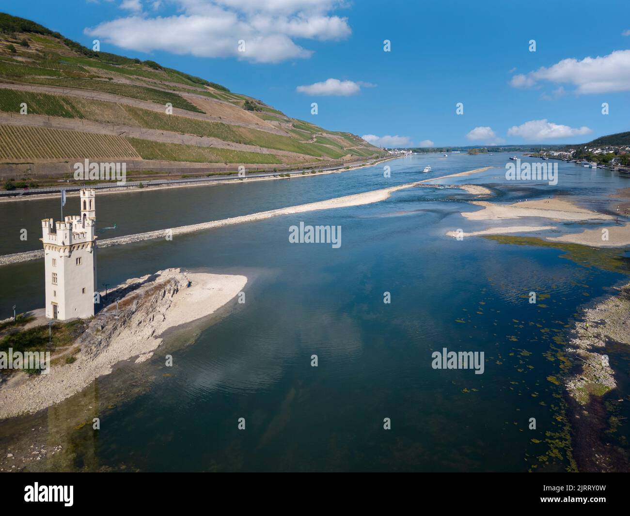 Aerial view with the Rhine and the Mouse Tower at extremely low water ...