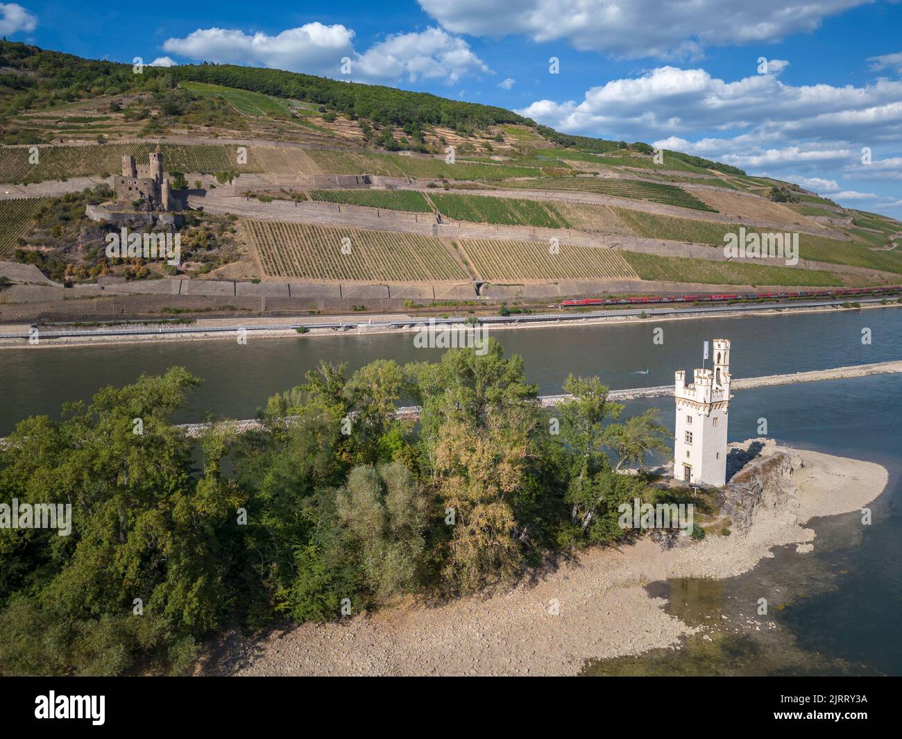 Aerial view with the Rhine, Mouse Tower and Ehrenfels Castle at ...