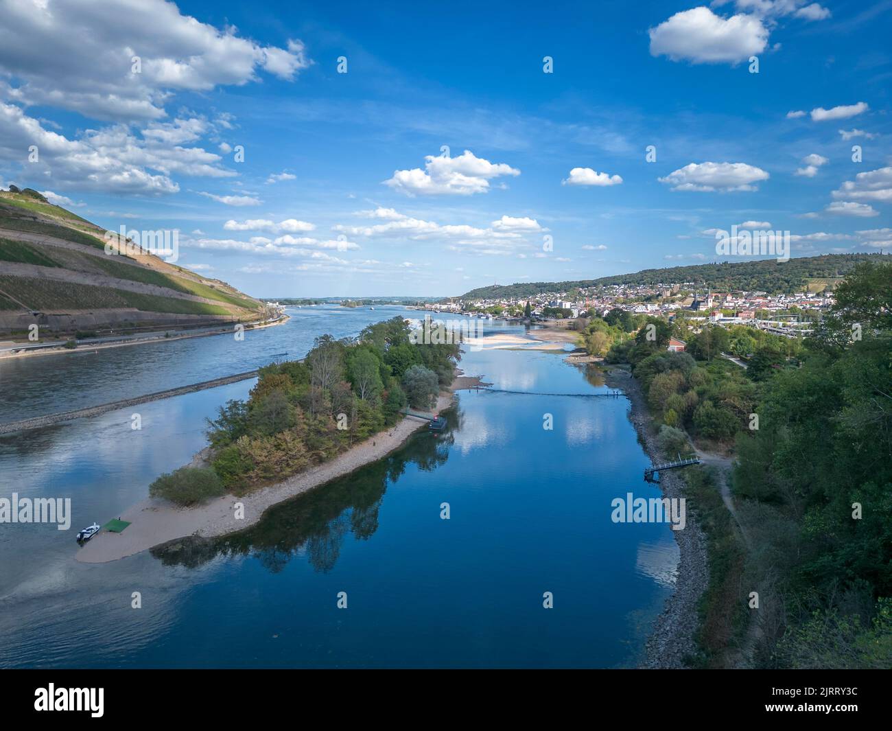 Aerial view with the Rhine and Mouse Tower Island at extremely low ...