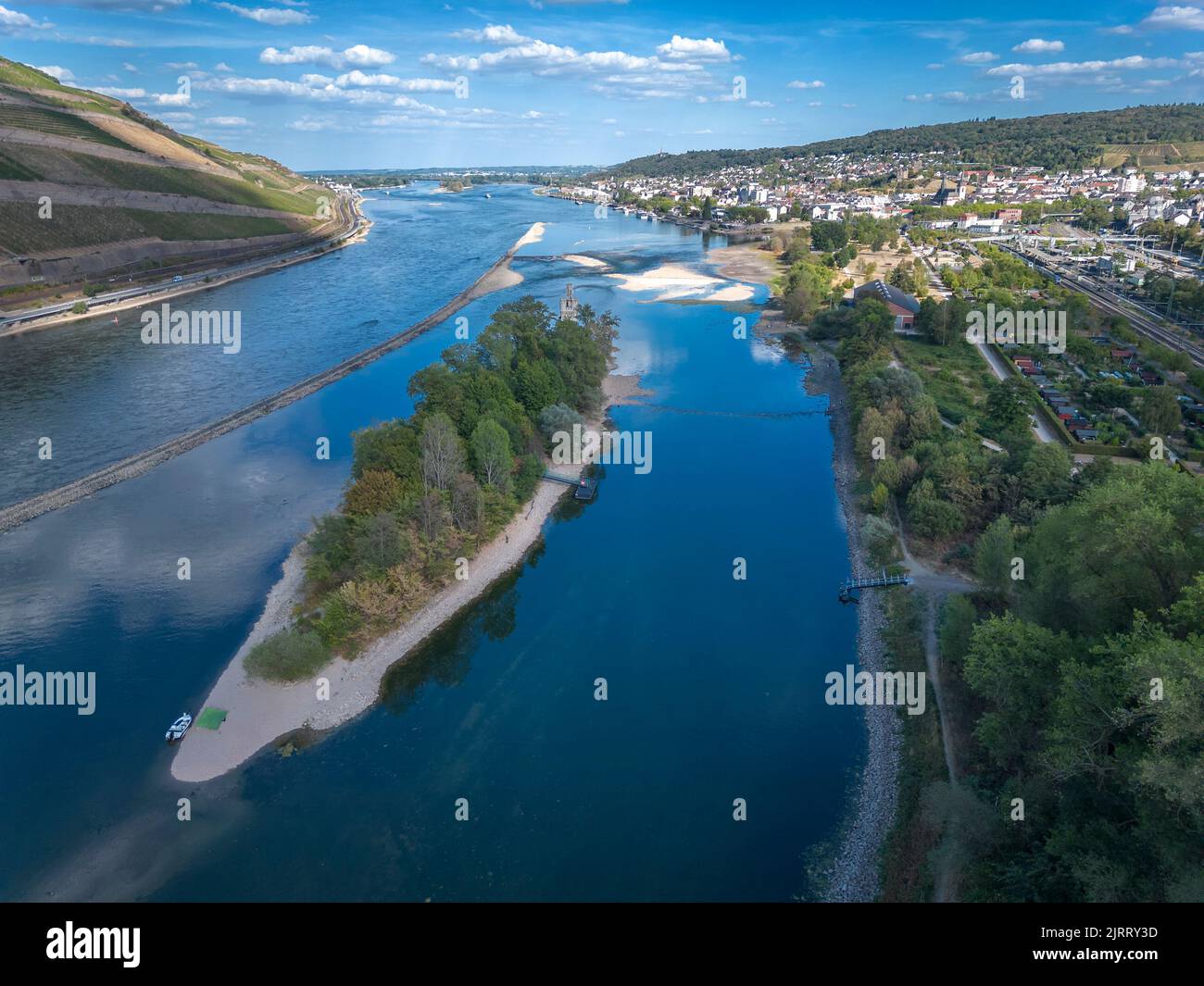 Aerial view with the Rhine and Mouse Tower Island at extremely low ...