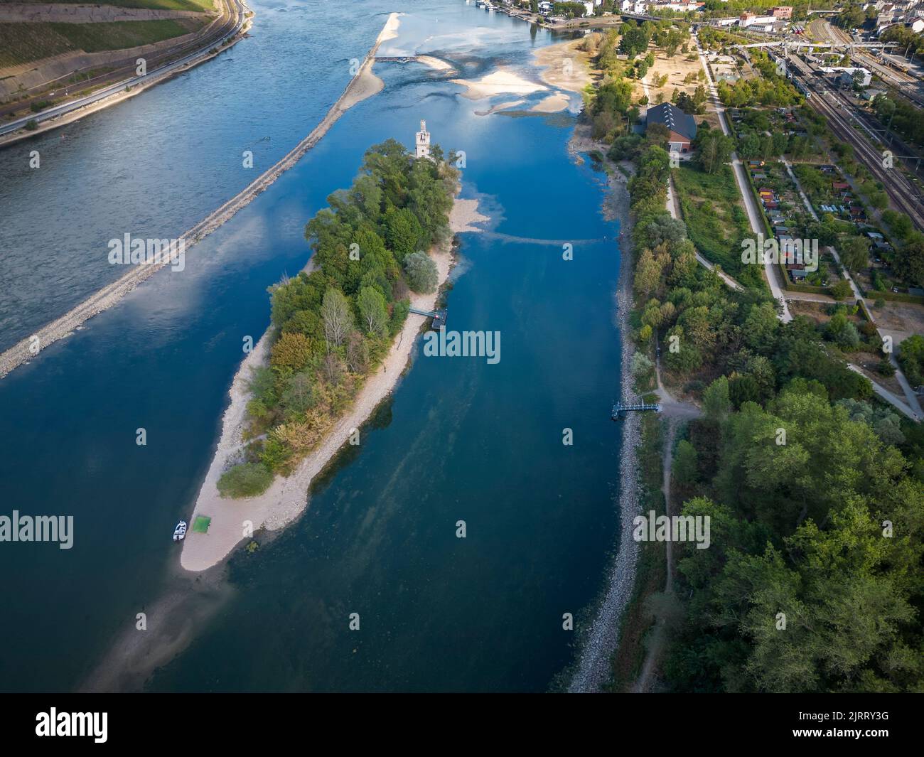 Aerial view with the Rhine and Mouse Tower Island at extremely low ...
