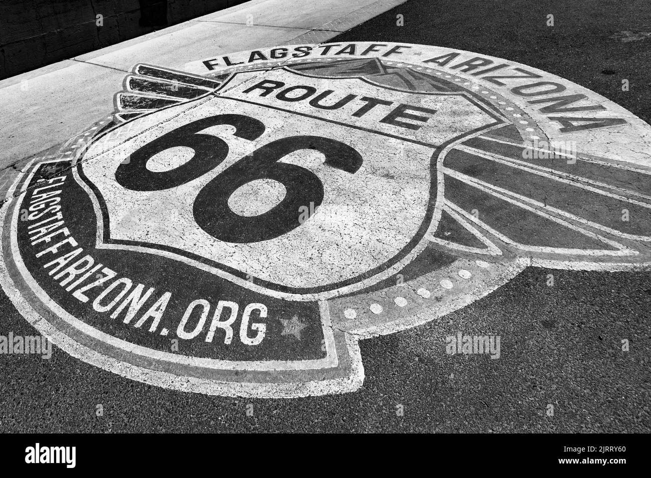 Flagstaff, USA - May 26, 2022: symbol of route 66 at the bitumen in ...