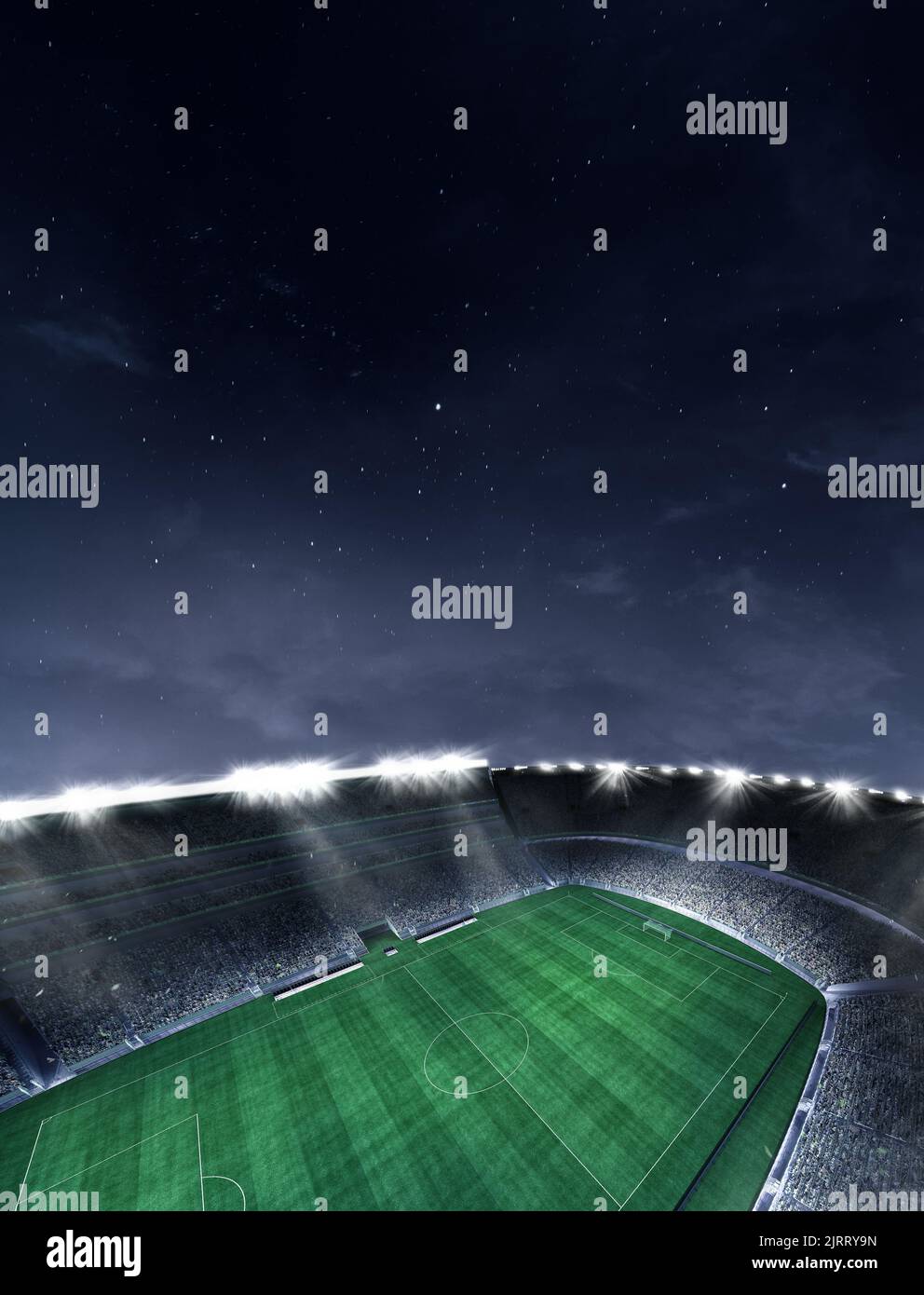 Aerial view of empty football field with flashlights and dark night sky ...